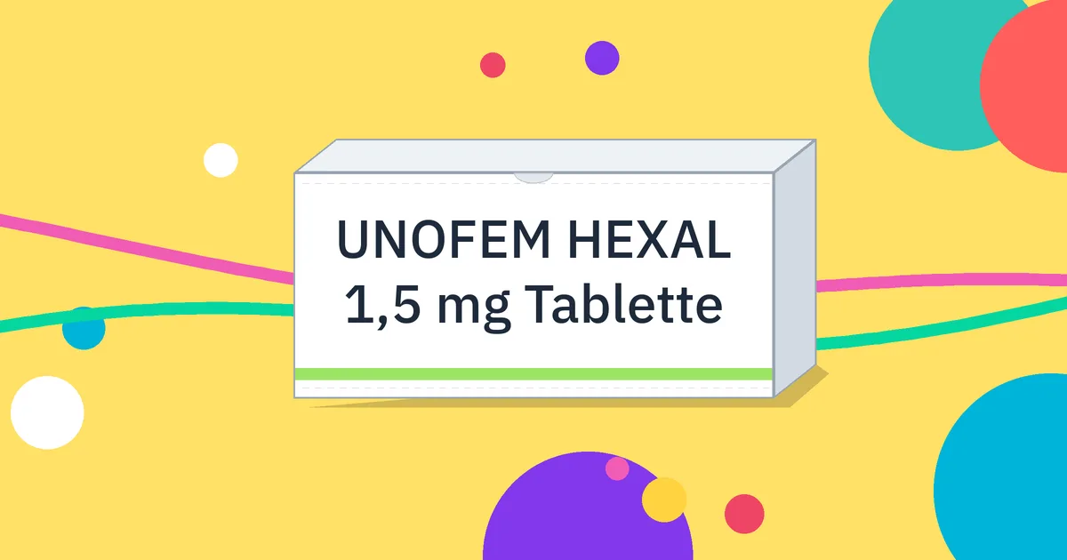Symbolbild: Packung mit der Aufschrift UNOFEM HEXAL 1,5 mg Tablette (PZN 10355081) – Verfügbarkeit und Bezug in Apotheken in Frankfurt am Main