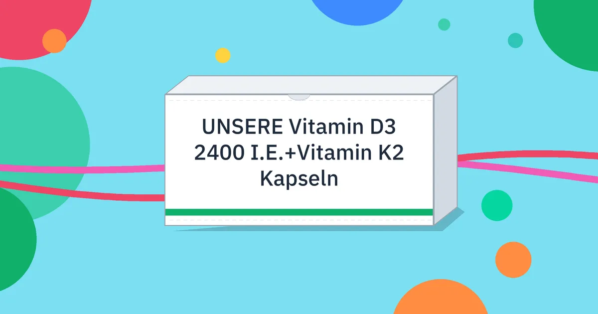 Symbolbild: Packung mit der Aufschrift UNSERE Vitamin D3 2400 I.E.+Vitamin K2 Kapseln (PZN 19397862) – Verfügbarkeit und Bezug in Apotheken in Frankfurt am Main
