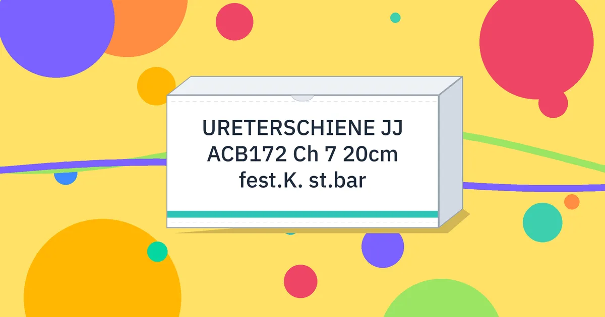 Symbolbild: Packung mit der Aufschrift URETERSCHIENE JJ ACB172 Ch 7 20cm fest.K. st.bar (PZN 00752243) – Verfügbarkeit und Bezug in Apotheken in Frankfurt am Main
