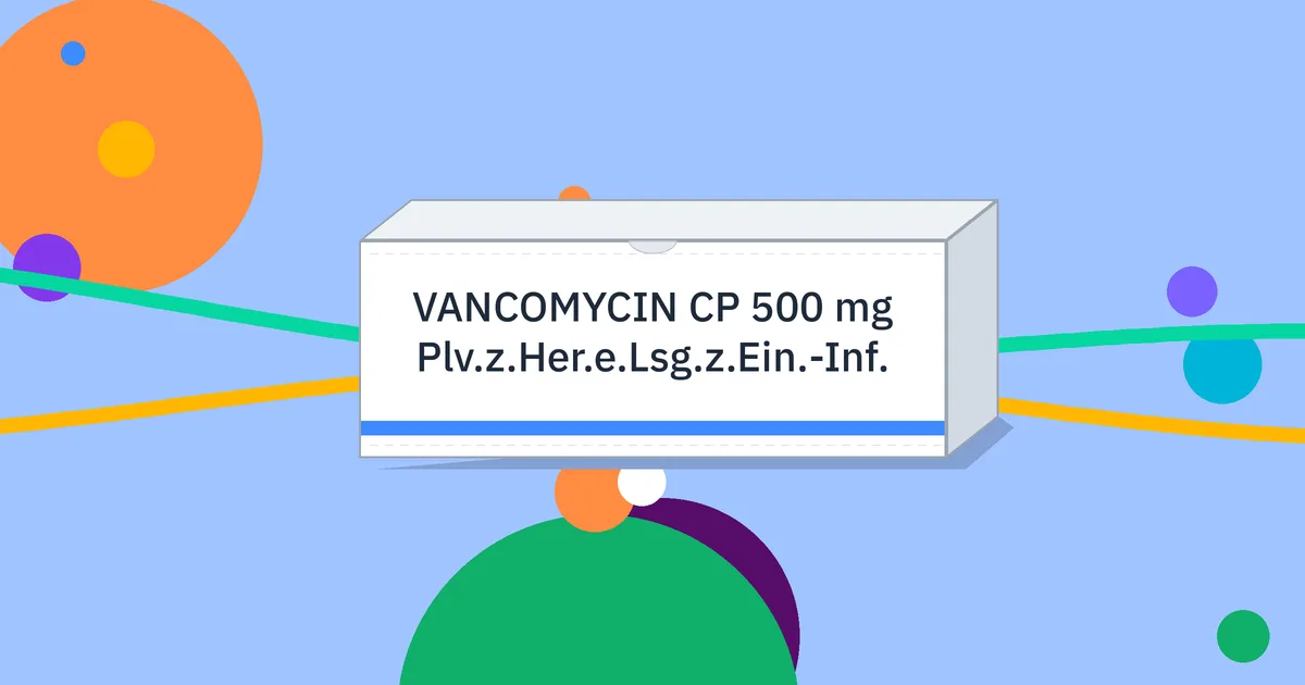 Symbolbild: Packung mit der Aufschrift VANCOMYCIN CP 500 mg Plv.z.Her.e.Lsg.z.Ein.-Inf. (PZN 06895009) – Verfügbarkeit und Bezug in Apotheken in Frankfurt am Main