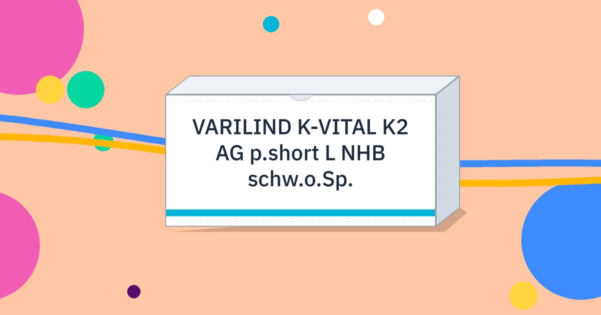Symbolbild: Packung mit der Aufschrift VARILIND K-VITAL K2 AG p.short L NHB schw.o.Sp. (PZN 20565313) – Verfügbarkeit und Bezug in Apotheken in Frankfurt am Main