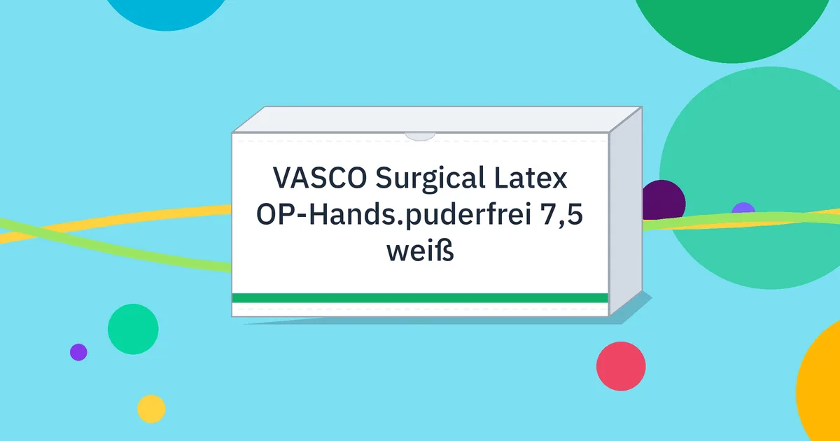Symbolbild: Packung mit der Aufschrift VASCO Surgical Latex OP-Hands.puderfrei 7,5 weiß (PZN 20359950) – Verfügbarkeit und Bezug in Apotheken in Frankfurt am Main