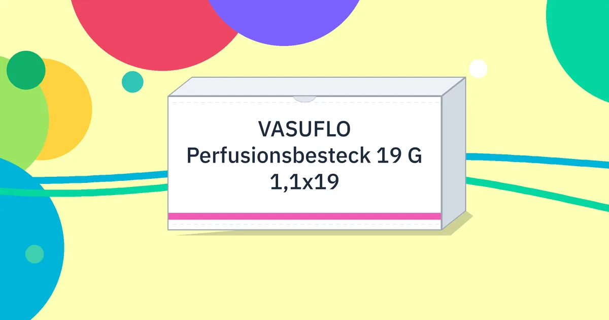 Symbolbild: Packung mit der Aufschrift VASUFLO Perfusionsbesteck 19 G 1,1x19 (PZN 03534452) – Verfügbarkeit und Bezug in Apotheken in Frankfurt am Main