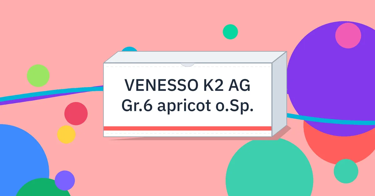 Symbolbild: Packung mit der Aufschrift VENESSO K2 AG Gr.6 apricot o.Sp. (PZN 03279623) – Verfügbarkeit und Bezug in Apotheken in Frankfurt am Main