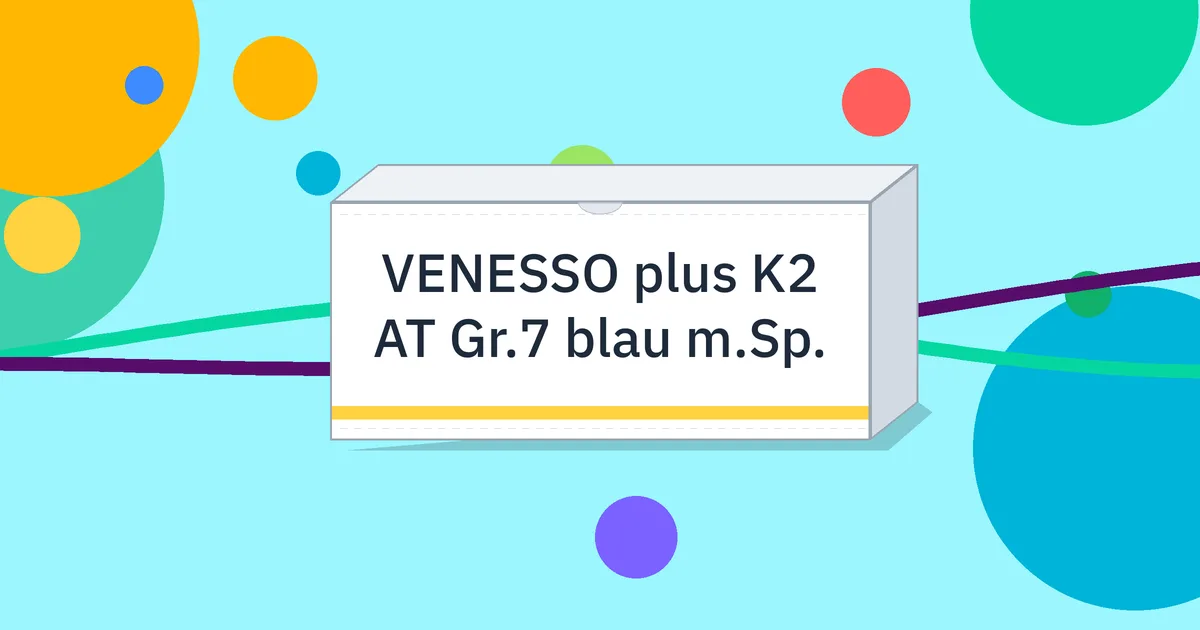 Symbolbild: Packung mit der Aufschrift VENESSO plus K2 AT Gr.7 blau m.Sp. (PZN 03287717) – Verfügbarkeit und Bezug in Apotheken in Frankfurt am Main