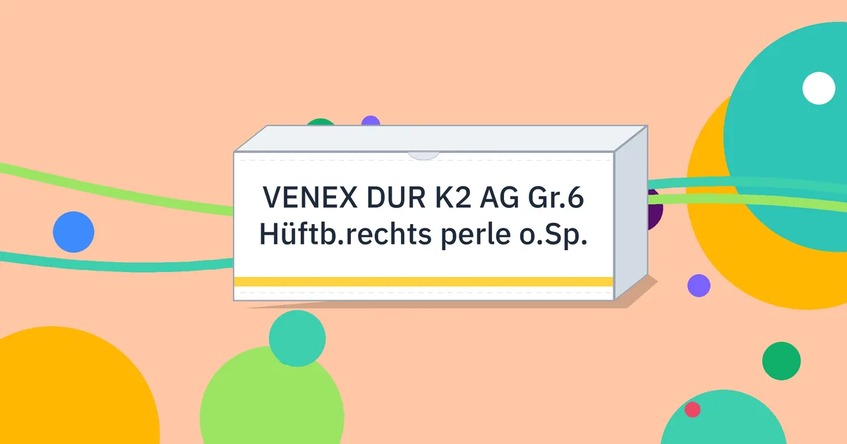 Symbolbild: Packung mit der Aufschrift VENEX DUR K2 AG Gr.6 Hüftb.rechts perle o.Sp. (PZN 03231728) – Verfügbarkeit und Bezug in Apotheken in Frankfurt am Main