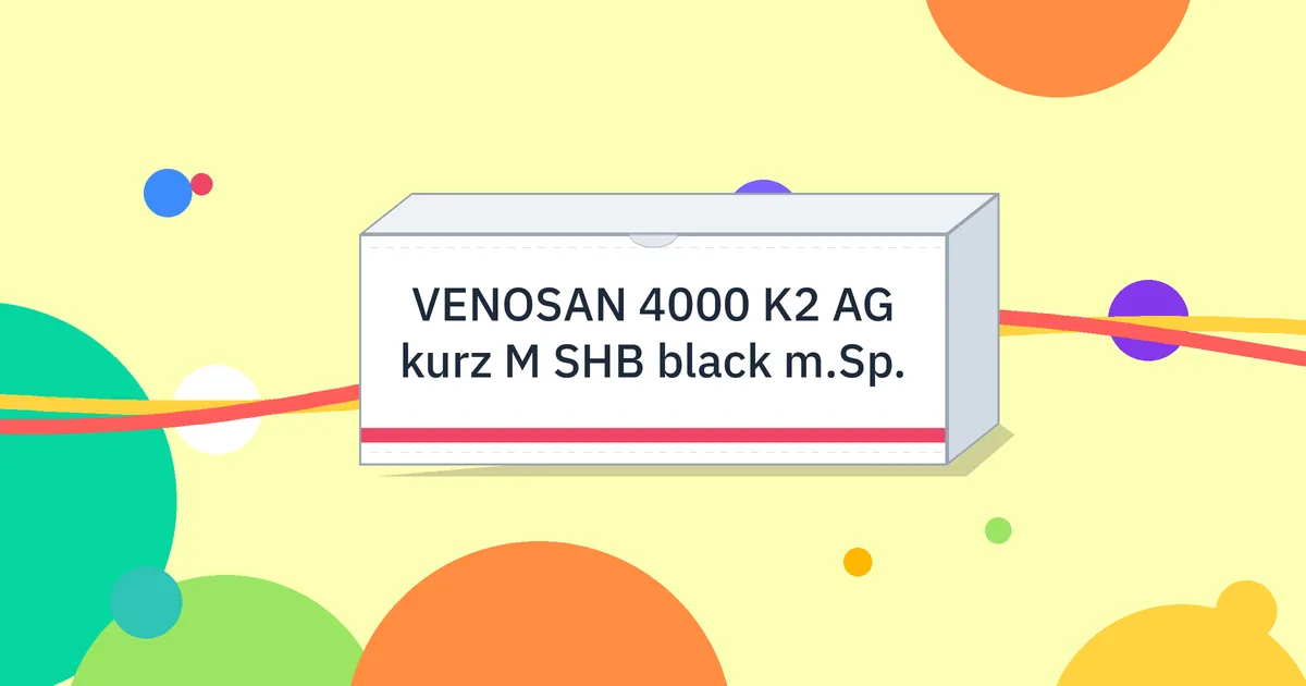 Symbolbild: Packung mit der Aufschrift VENOSAN 4000 K2 AG kurz M SHB black m.Sp. (PZN 14427860) – Verfügbarkeit und Bezug in Apotheken in Frankfurt am Main