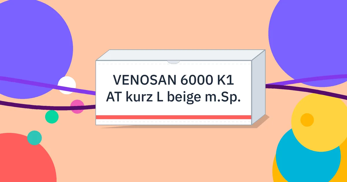 Symbolbild: Packung mit der Aufschrift VENOSAN 6000 K1 AT kurz L beige m.Sp. (PZN 17171987) – Verfügbarkeit und Bezug in Apotheken in Frankfurt am Main