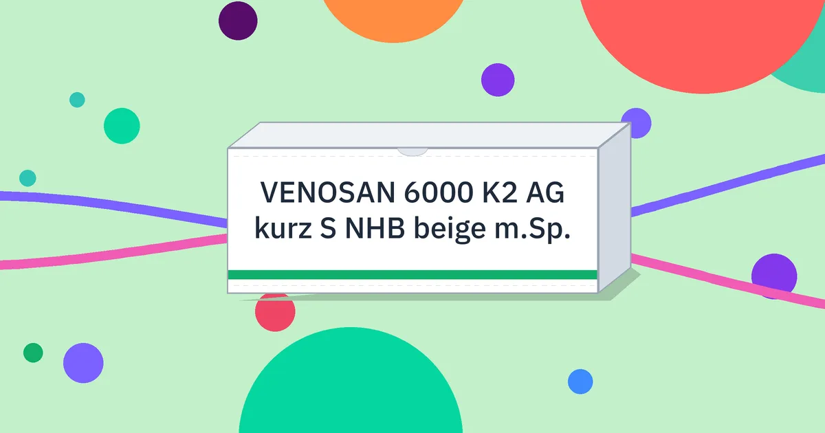 Symbolbild: Packung mit der Aufschrift VENOSAN 6000 K2 AG kurz S NHB beige m.Sp. (PZN 17172811) – Verfügbarkeit und Bezug in Apotheken in Frankfurt am Main