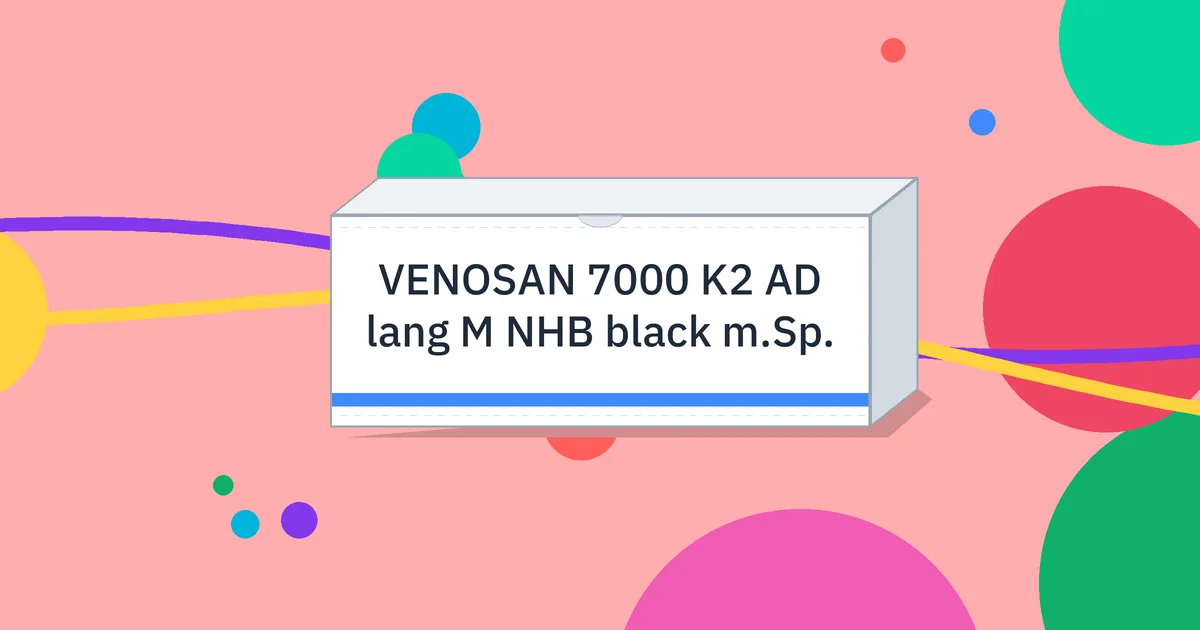 Symbolbild: Packung mit der Aufschrift VENOSAN 7000 K2 AD lang M NHB black m.Sp. (PZN 14435730) – Verfügbarkeit und Bezug in Apotheken in Frankfurt am Main