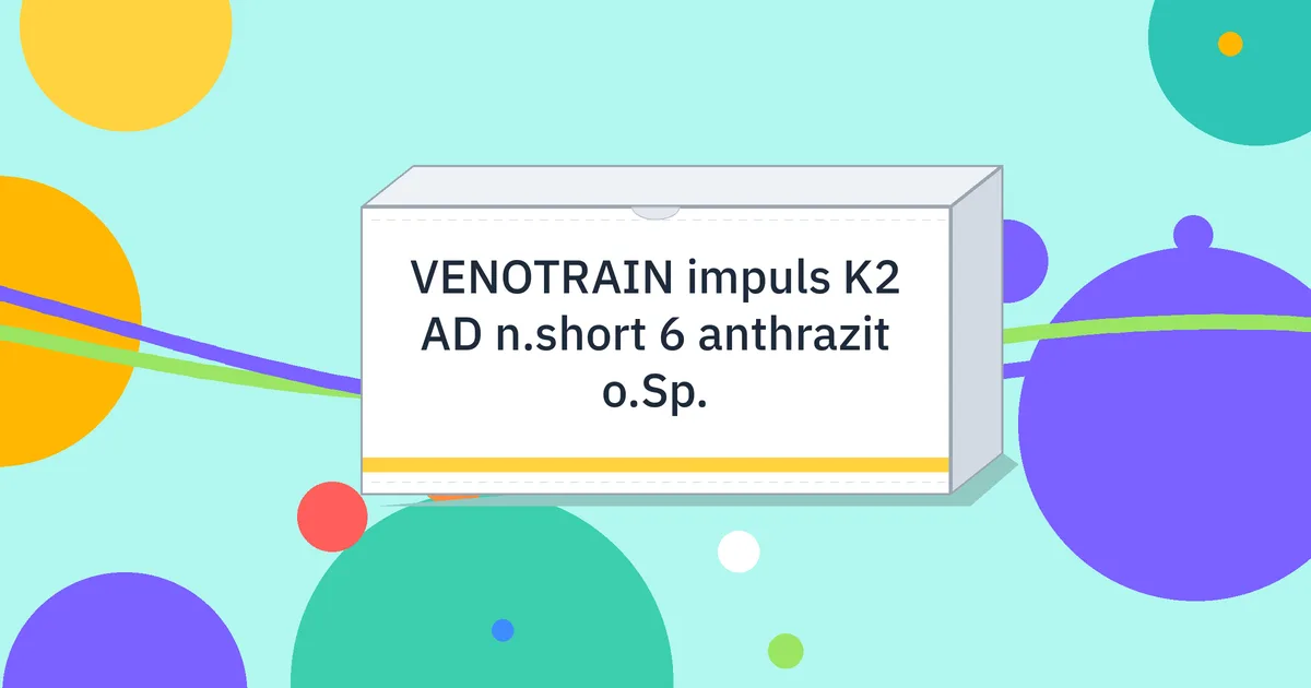 Symbolbild: Packung mit der Aufschrift VENOTRAIN impuls K2 AD n.short 6 anthrazit o.Sp. (PZN 15221965) – Verfügbarkeit und Bezug in Apotheken in Frankfurt am Main