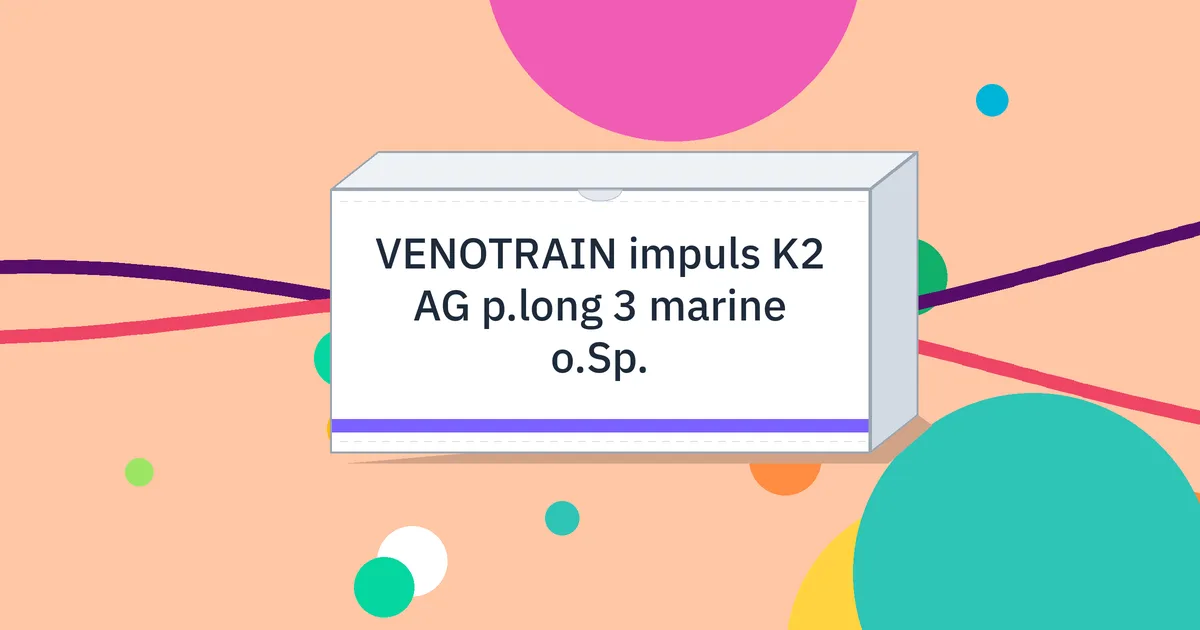 Symbolbild: Packung mit der Aufschrift VENOTRAIN impuls K2 AG p.long 3 marine o.Sp. (PZN 15212185) – Verfügbarkeit und Bezug in Apotheken in Frankfurt am Main