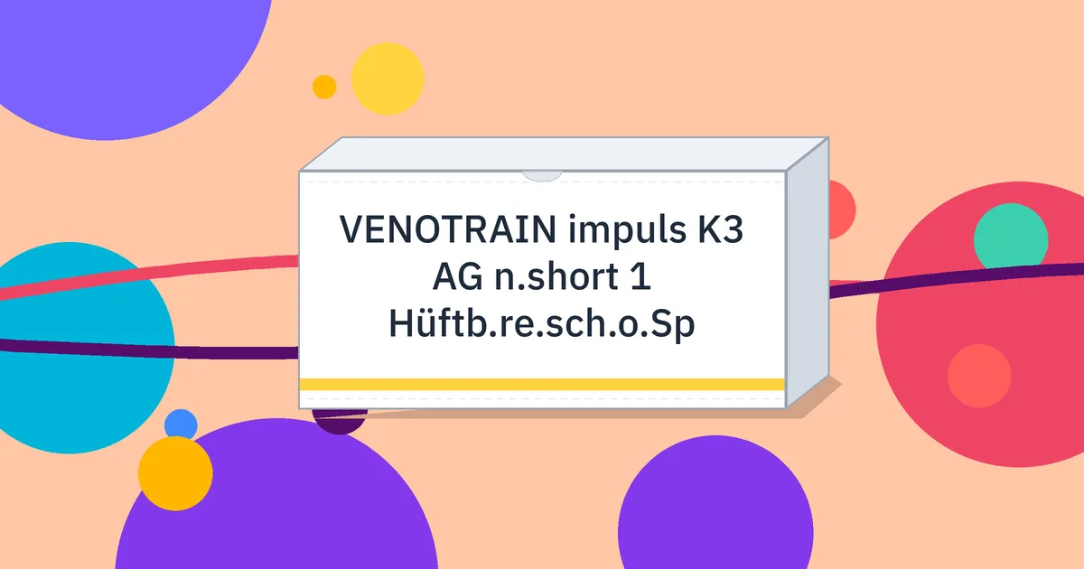 Symbolbild: Packung mit der Aufschrift VENOTRAIN impuls K3 AG n.short 1 Hüftb.re.sch.o.Sp (PZN 10294066) – Verfügbarkeit und Bezug in Apotheken in Frankfurt am Main