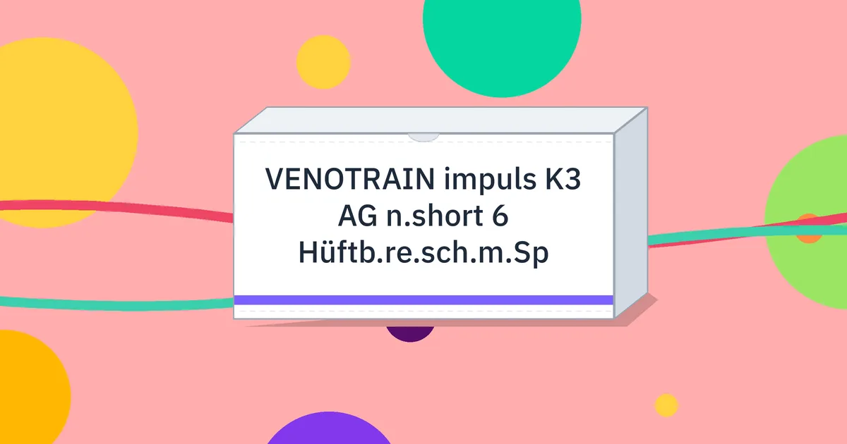 Symbolbild: Packung mit der Aufschrift VENOTRAIN impuls K3 AG n.short 6 Hüftb.re.sch.m.Sp (PZN 10293859) – Verfügbarkeit und Bezug in Apotheken in Frankfurt am Main