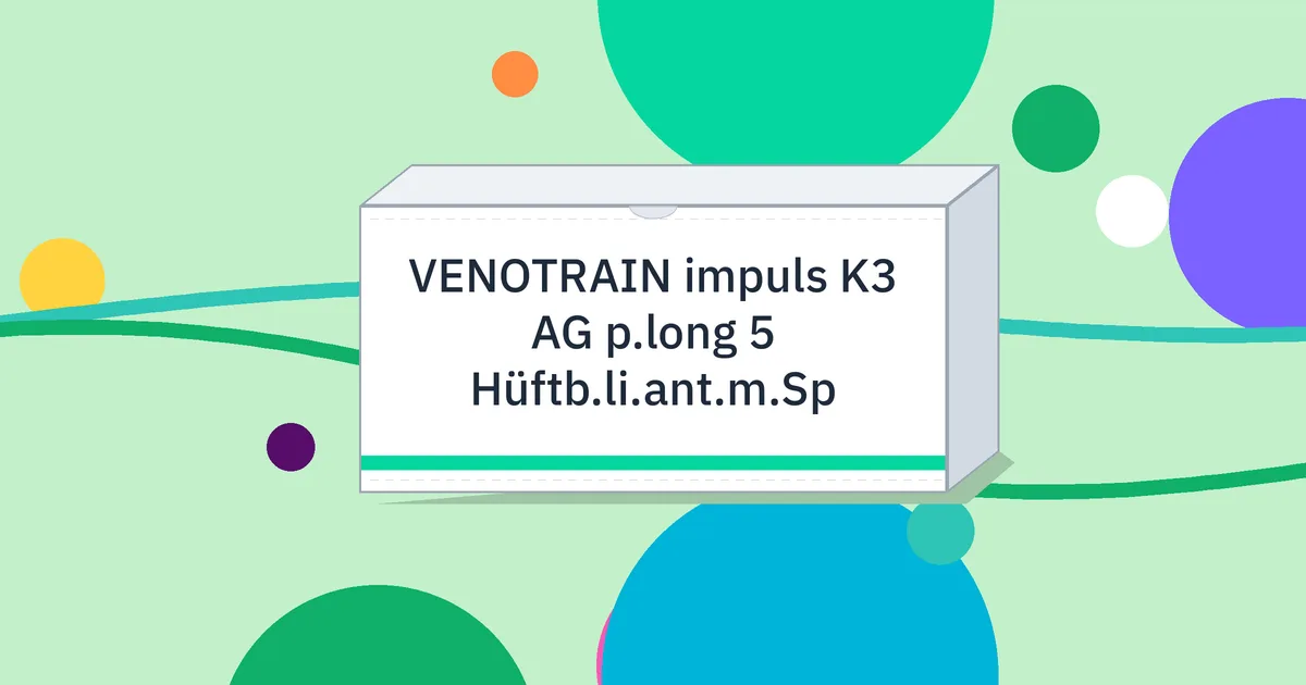 Symbolbild: Packung mit der Aufschrift VENOTRAIN impuls K3 AG p.long 5 Hüftb.li.ant.m.Sp (PZN 15220724) – Verfügbarkeit und Bezug in Apotheken in Frankfurt am Main