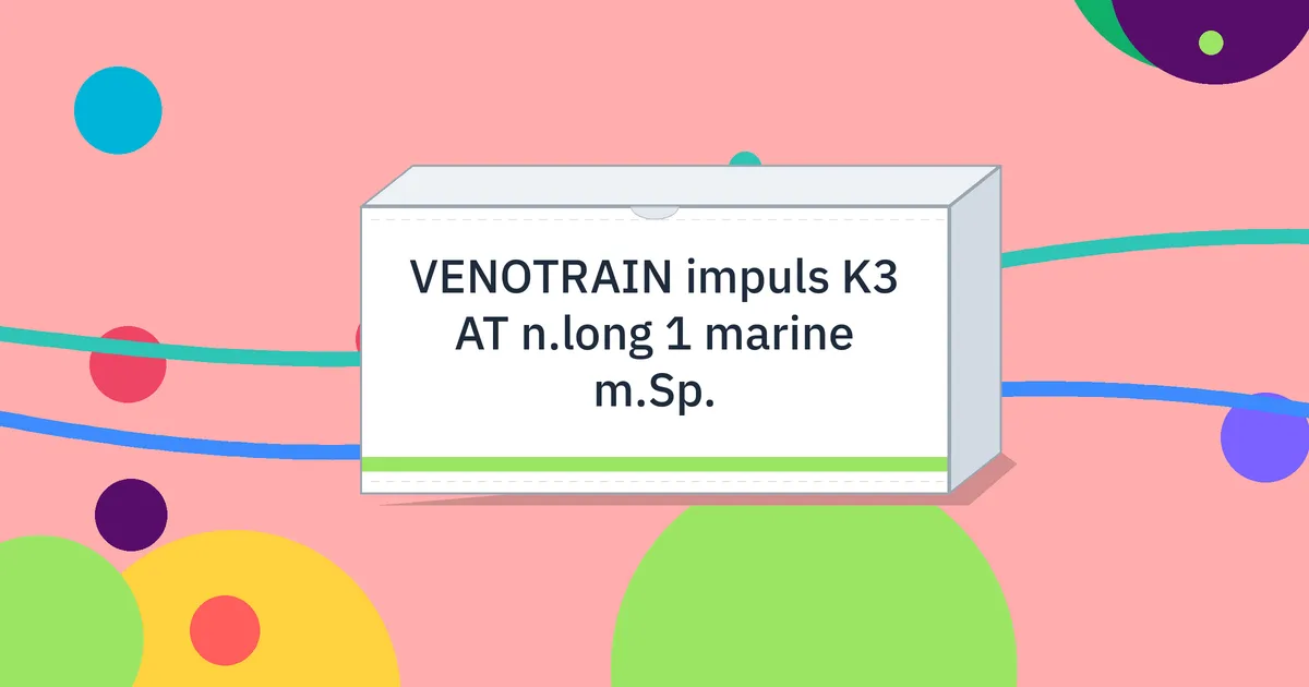 Symbolbild: Packung mit der Aufschrift VENOTRAIN impuls K3 AT n.long 1 marine m.Sp. (PZN 19355556) – Verfügbarkeit und Bezug in Apotheken in Frankfurt am Main