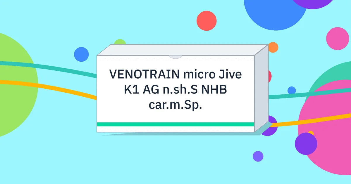 Symbolbild: Packung mit der Aufschrift VENOTRAIN micro Jive K1 AG n.sh.S NHB car.m.Sp. (PZN 17764109) – Verfügbarkeit und Bezug in Apotheken in Frankfurt am Main