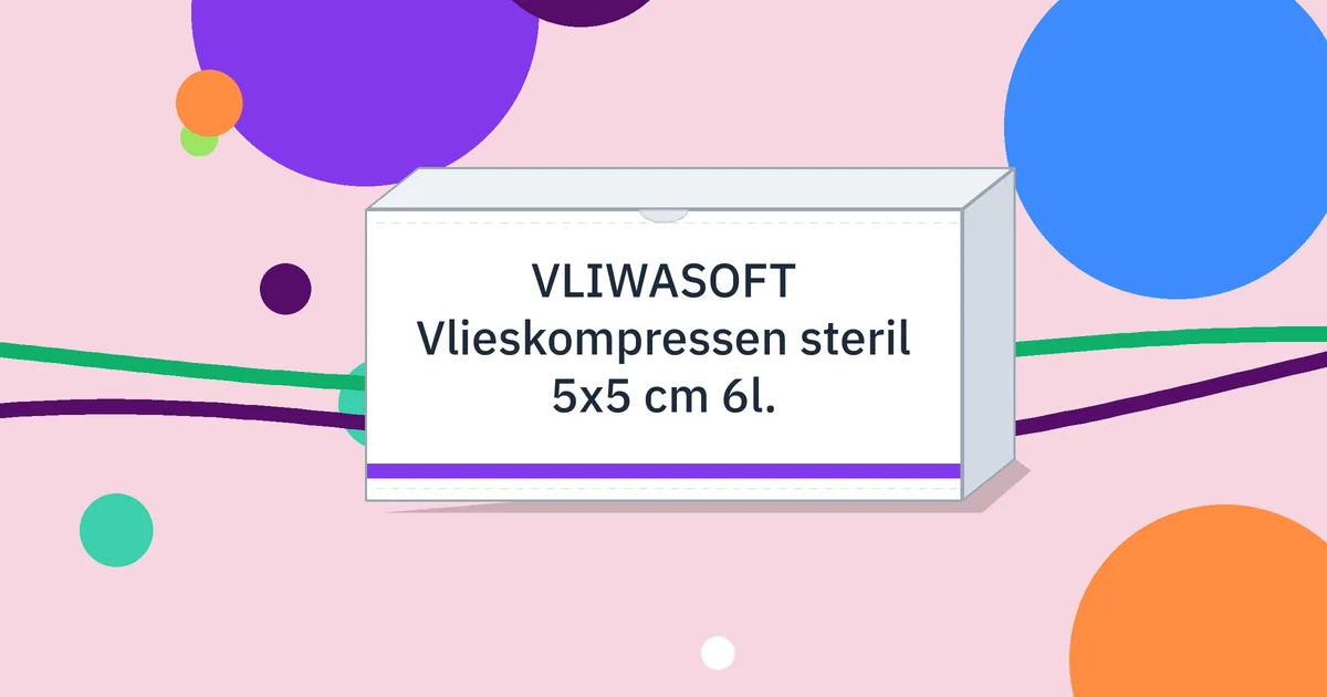 Symbolbild: Packung mit der Aufschrift VLIWASOFT Vlieskompressen steril 5x5 cm 6l. (PZN 19377167) – Verfügbarkeit und Bezug in Apotheken in Frankfurt am Main