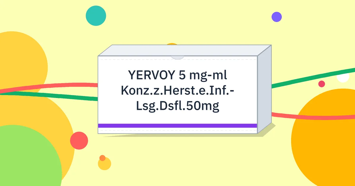 Symbolbild: Packung mit der Aufschrift YERVOY 5 mg-ml Konz.z.Herst.e.Inf.-Lsg.Dsfl.50mg (PZN 08869134) – Verfügbarkeit und Bezug in Apotheken in Frankfurt am Main