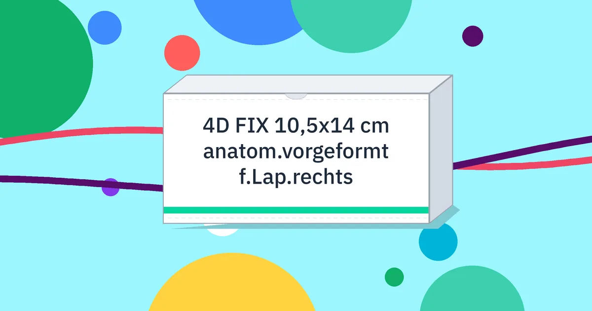 Symbolbild: Packung mit der Aufschrift 4D FIX 10,5x14 cm anatom.vorgeformt f.Lap.rechts (PZN 20581594) – Verfügbarkeit und Bezug in Apotheken in Frankfurt am Main