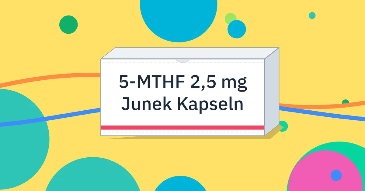 Symbolbild: Packung mit der Aufschrift 5-MTHF 2,5 mg Junek Kapseln (PZN 20078895) – Verfügbarkeit und Bezug in Apotheken in Frankfurt am Main