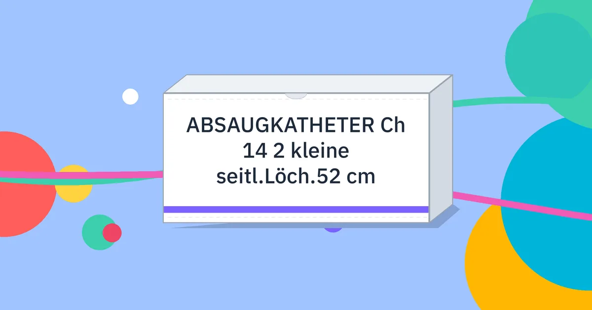 Symbolbild: Packung mit der Aufschrift ABSAUGKATHETER Ch 14 2 kleine seitl.Löch.52 cm (PZN 09091843) – Verfügbarkeit und Bezug in Apotheken in Frankfurt am Main