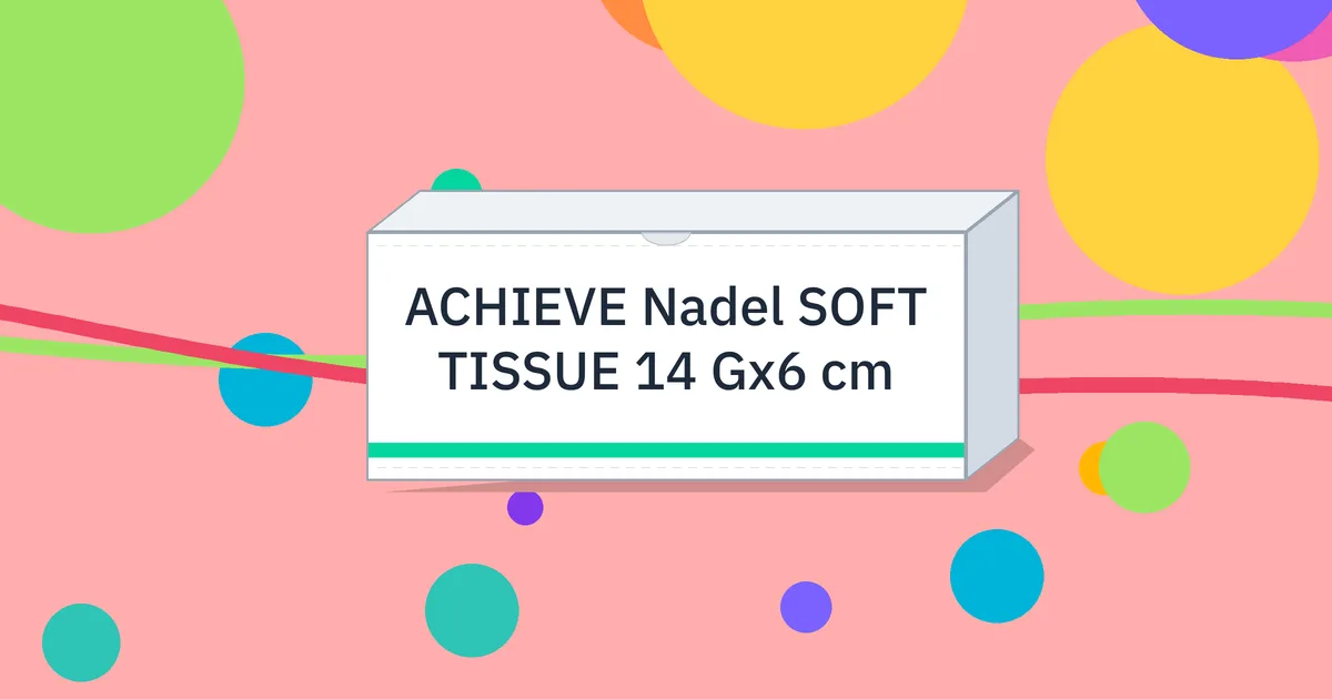 Symbolbild: Packung mit der Aufschrift ACHIEVE Nadel SOFT TISSUE 14 Gx6 cm (PZN 18763394) – Verfügbarkeit und Bezug in Apotheken in Frankfurt am Main