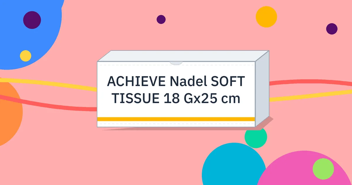 Symbolbild: Packung mit der Aufschrift ACHIEVE Nadel SOFT TISSUE 18 Gx25 cm (PZN 18763520) – Verfügbarkeit und Bezug in Apotheken in Frankfurt am Main