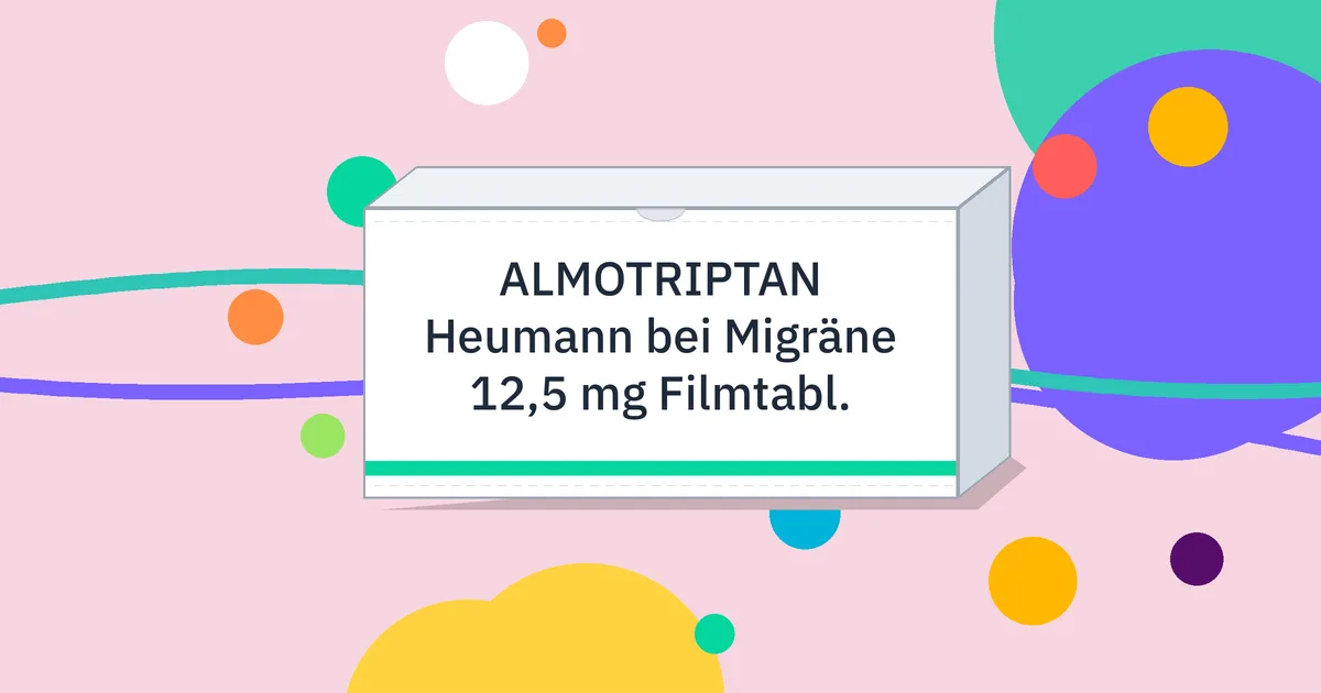 Symbolbild: Packung mit der Aufschrift ALMOTRIPTAN Heumann bei Migräne 12,5 mg Filmtabl. (PZN 10750044) – Verfügbarkeit und Bezug in Apotheken in Frankfurt am Main