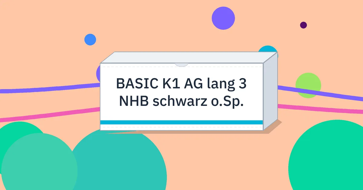 Symbolbild: Packung mit der Aufschrift BASIC K1 AG lang 3 NHB schwarz o.Sp. (PZN 20260329) – Verfügbarkeit und Bezug in Apotheken in Frankfurt am Main
