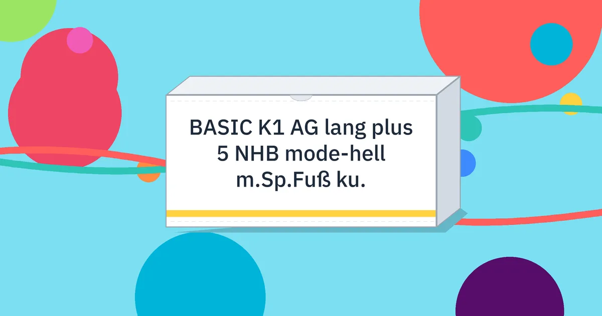 Symbolbild: Packung mit der Aufschrift BASIC K1 AG lang plus 5 NHB mode-hell m.Sp.Fuß ku. (PZN 20261435) – Verfügbarkeit und Bezug in Apotheken in Frankfurt am Main