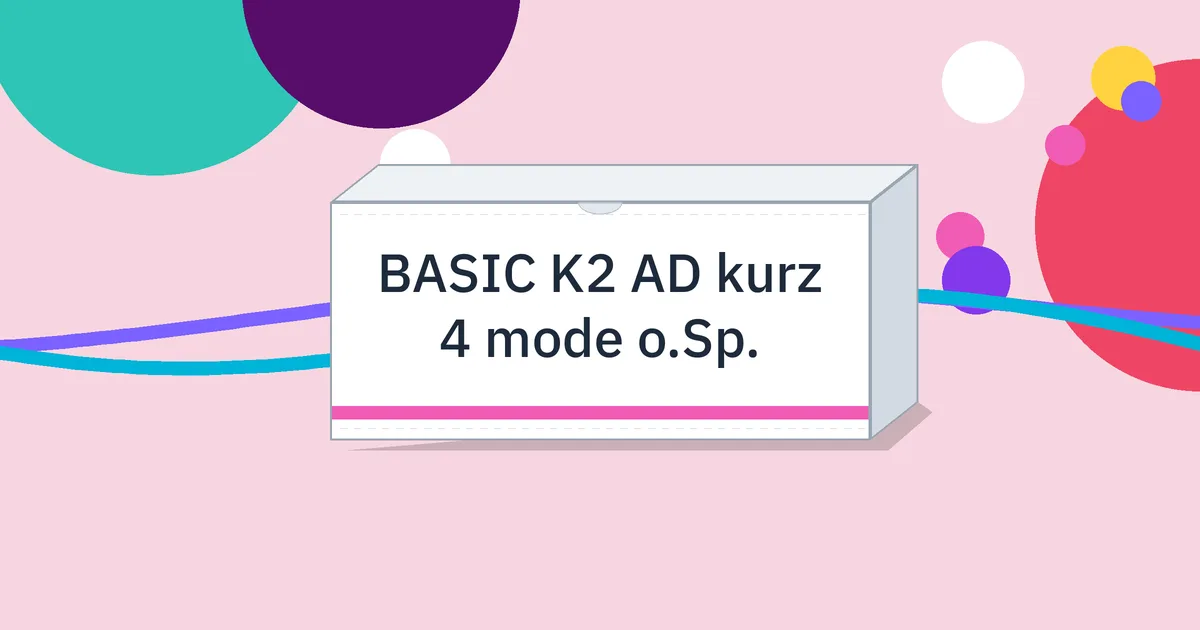 Symbolbild: Packung mit der Aufschrift BASIC K2 AD kurz 4 mode o.Sp. (PZN 20265019) – Verfügbarkeit und Bezug in Apotheken in Frankfurt am Main