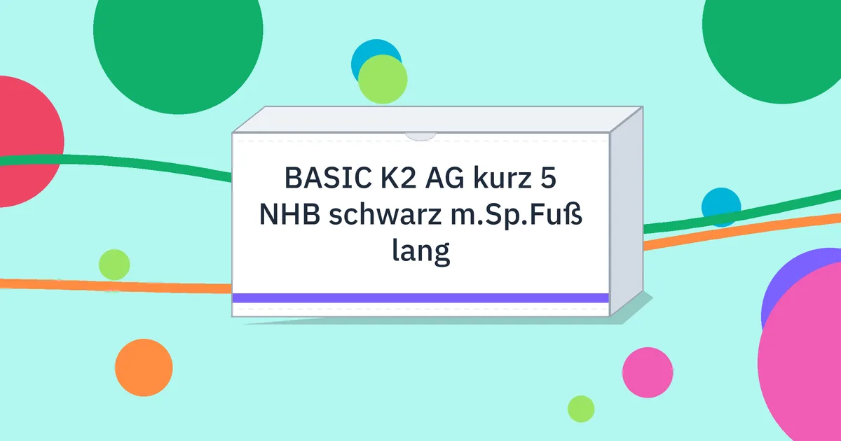 Symbolbild: Packung mit der Aufschrift BASIC K2 AG kurz 5 NHB schwarz m.Sp.Fuß lang (PZN 20267886) – Verfügbarkeit und Bezug in Apotheken in Frankfurt am Main