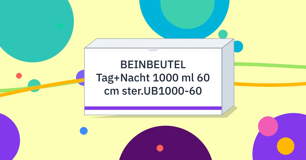 Symbolbild: Packung mit der Aufschrift BEINBEUTEL Tag+Nacht 1000 ml 60 cm ster.UB1000-60 (PZN 18201532) – Verfügbarkeit und Bezug in Apotheken in Frankfurt am Main