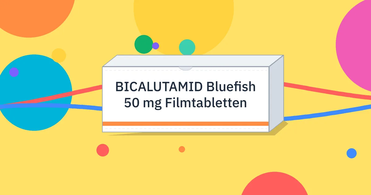 Symbolbild: Packung mit der Aufschrift BICALUTAMID Bluefish 50 mg Filmtabletten (PZN 19168392) – Verfügbarkeit und Bezug in Apotheken in Frankfurt am Main
