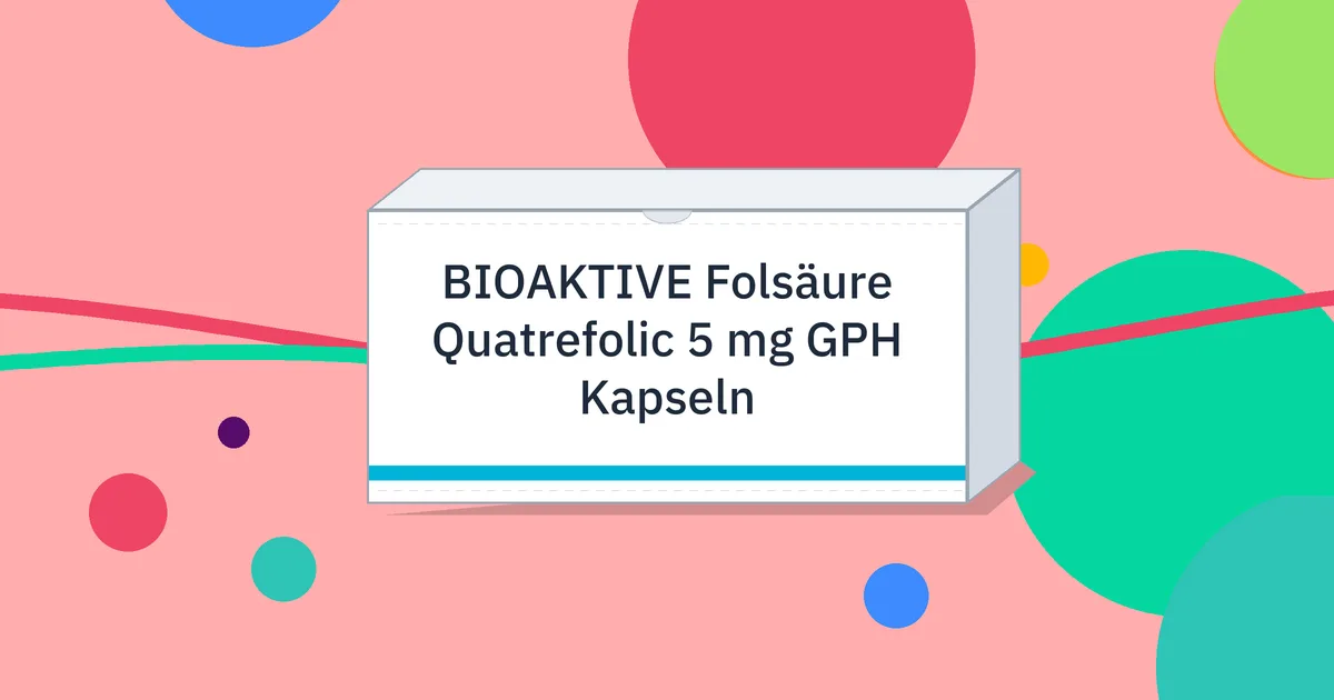 Symbolbild: Packung mit der Aufschrift BIOAKTIVE Folsäure Quatrefolic 5 mg GPH Kapseln (PZN 18310617) – Verfügbarkeit und Bezug in Apotheken in Frankfurt am Main