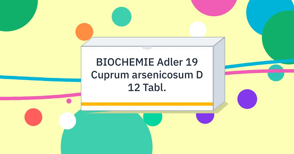 Symbolbild: Packung mit der Aufschrift BIOCHEMIE Adler 19 Cuprum arsenicosum D 12 Tabl. (PZN 00833473) – Verfügbarkeit und Bezug in Apotheken in Frankfurt am Main