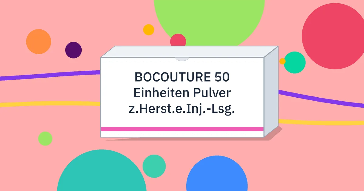 Symbolbild: Packung mit der Aufschrift BOCOUTURE 50 Einheiten Pulver z.Herst.e.Inj.-Lsg. (PZN 20407092) – Verfügbarkeit und Bezug in Apotheken in Frankfurt am Main