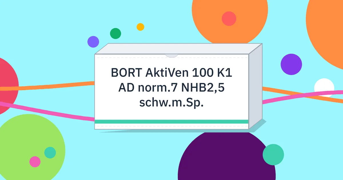 Symbolbild: Packung mit der Aufschrift BORT AktiVen 100 K1 AD norm.7 NHB2,5 schw.m.Sp. (PZN 17502154) – Verfügbarkeit und Bezug in Apotheken in Frankfurt am Main