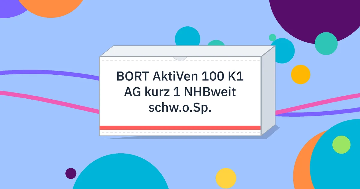 Symbolbild: Packung mit der Aufschrift BORT AktiVen 100 K1 AG kurz 1 NHBweit schw.o.Sp. (PZN 14387770) – Verfügbarkeit und Bezug in Apotheken in Frankfurt am Main