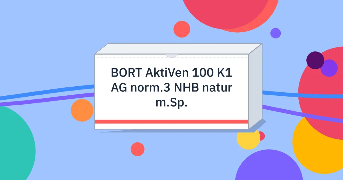Symbolbild: Packung mit der Aufschrift BORT AktiVen 100 K1 AG norm.3 NHB natur m.Sp. (PZN 13729702) – Verfügbarkeit und Bezug in Apotheken in Frankfurt am Main
