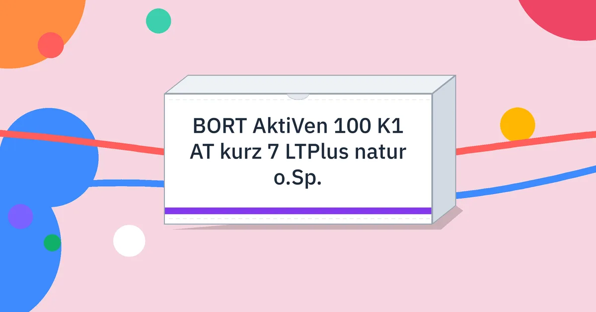 Symbolbild: Packung mit der Aufschrift BORT AktiVen 100 K1 AT kurz 7 LTPlus natur o.Sp. (PZN 18175496) – Verfügbarkeit und Bezug in Apotheken in Frankfurt am Main