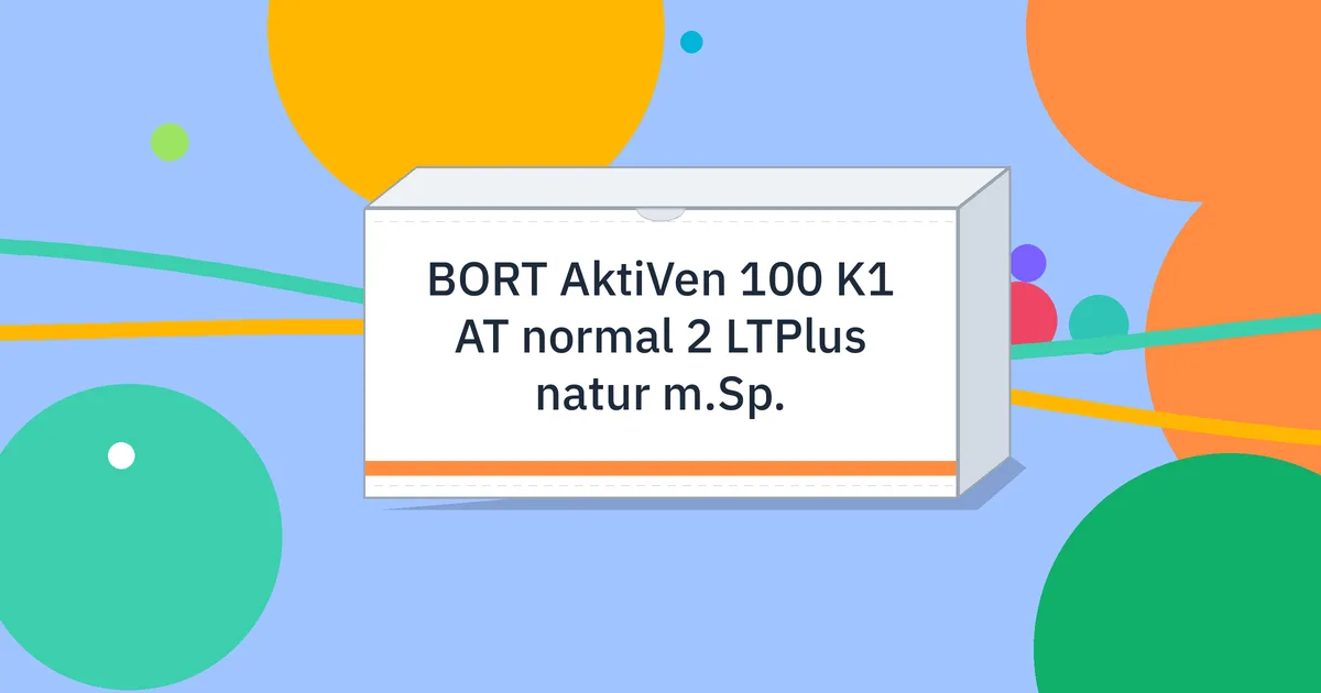 Symbolbild: Packung mit der Aufschrift BORT AktiVen 100 K1 AT normal 2 LTPlus natur m.Sp. (PZN 18175510) – Verfügbarkeit und Bezug in Apotheken in Frankfurt am Main