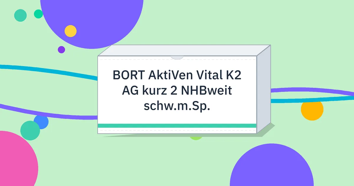 Symbolbild: Packung mit der Aufschrift BORT AktiVen Vital K2 AG kurz 2 NHBweit schw.m.Sp. (PZN 12385229) – Verfügbarkeit und Bezug in Apotheken in Frankfurt am Main
