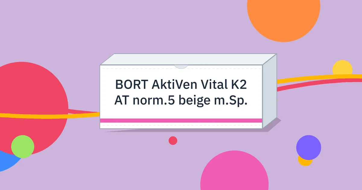 Symbolbild: Packung mit der Aufschrift BORT AktiVen Vital K2 AT norm.5 beige m.Sp. (PZN 13739178) – Verfügbarkeit und Bezug in Apotheken in Frankfurt am Main