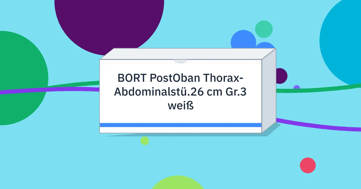 Symbolbild: Packung mit der Aufschrift BORT PostOban Thorax-Abdominalstü.26 cm Gr.3 weiß (PZN 02773396) – Verfügbarkeit und Bezug in Apotheken in Frankfurt am Main