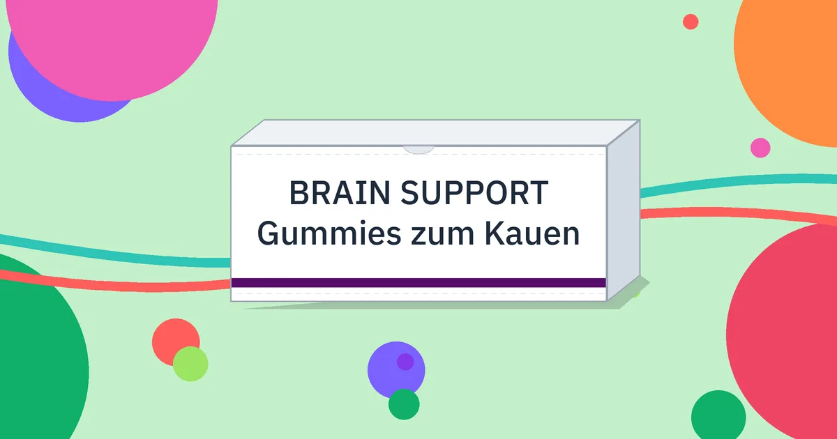 Symbolbild: Packung mit der Aufschrift BRAIN SUPPORT Gummies zum Kauen (PZN 20155590) – Verfügbarkeit und Bezug in Apotheken in Frankfurt am Main