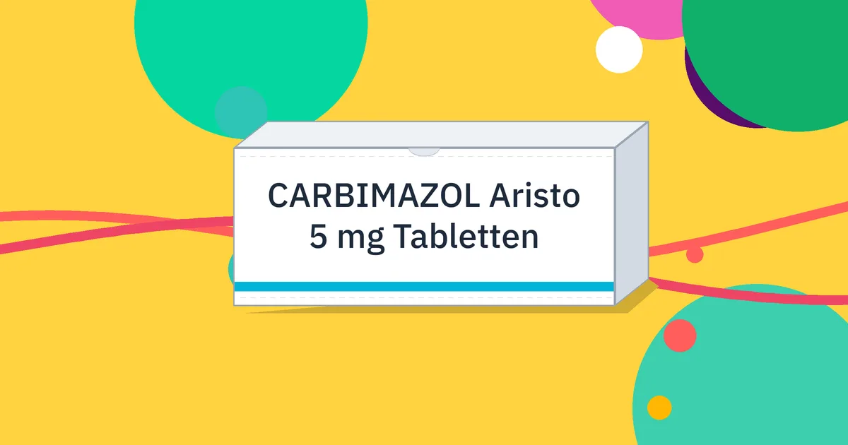 Symbolbild: Packung mit der Aufschrift CARBIMAZOL Aristo 5 mg Tabletten (PZN 07239879) – Verfügbarkeit und Bezug in Apotheken in Frankfurt am Main