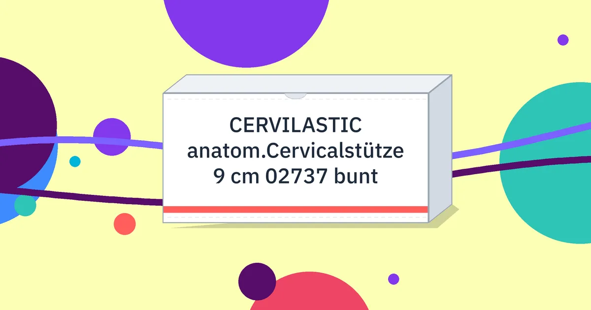 Symbolbild: Packung mit der Aufschrift CERVILASTIC anatom.Cervicalstütze 9 cm 02737 bunt (PZN 19621667) – Verfügbarkeit und Bezug in Apotheken in Frankfurt am Main