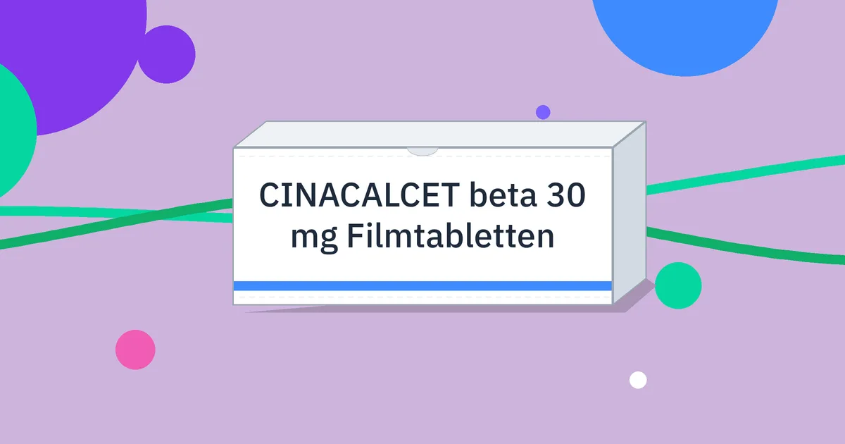 Symbolbild: Packung mit der Aufschrift CINACALCET beta 30 mg Filmtabletten (PZN 15781368) – Verfügbarkeit und Bezug in Apotheken in Frankfurt am Main